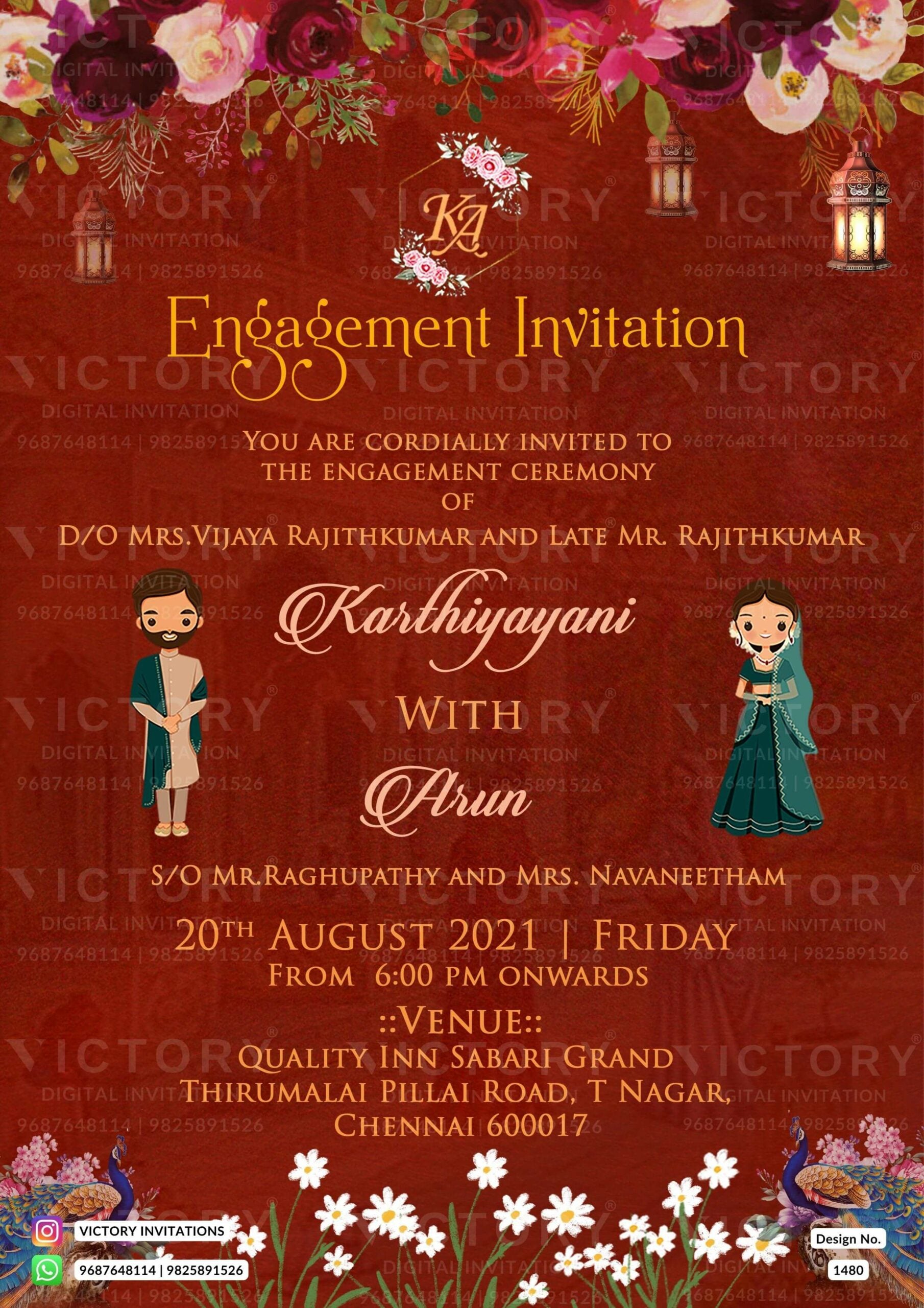 Engagement ceremony invitation card in english language with peacock ...