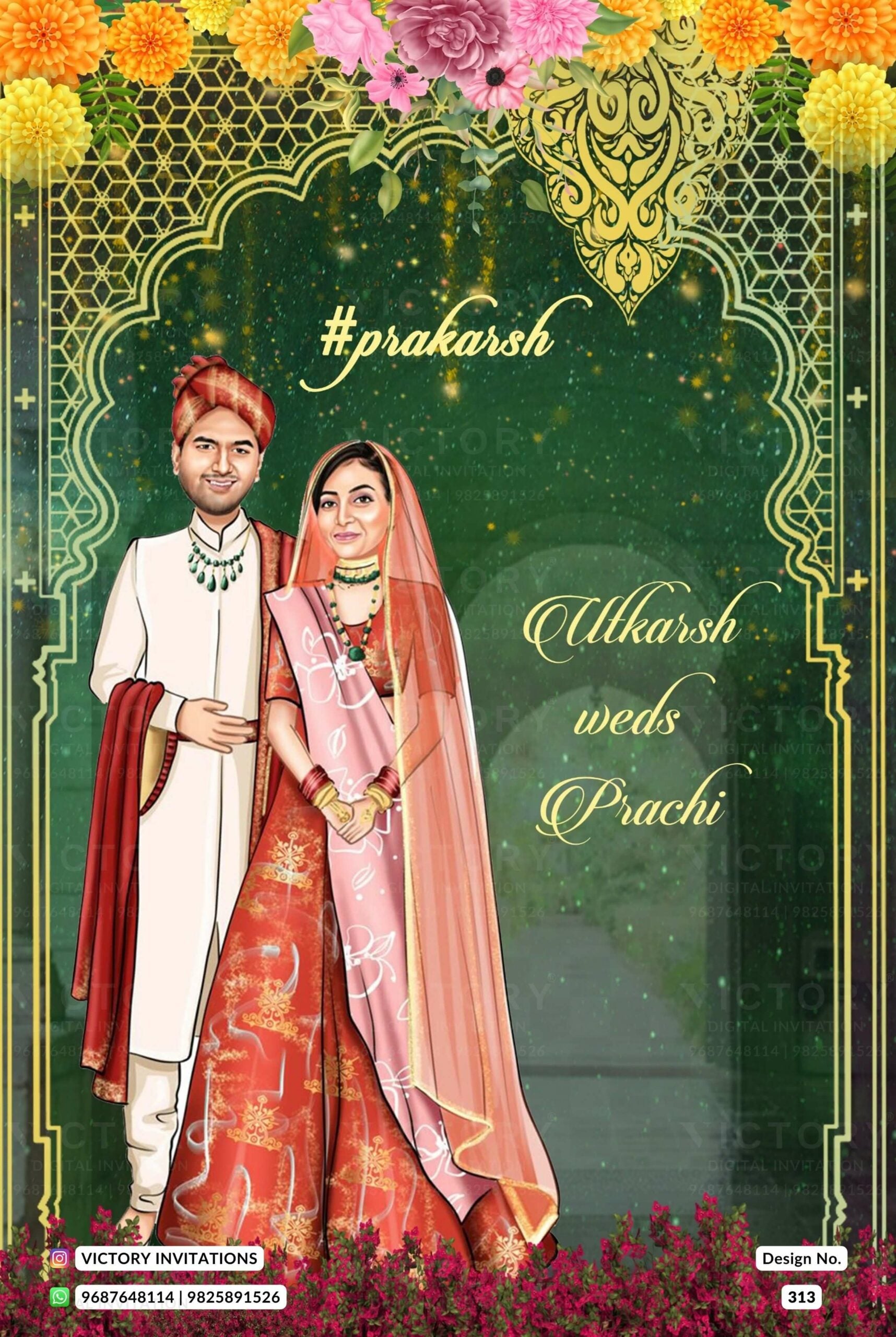 Traditional couple caricature invitation card for wedding ceremony of ...