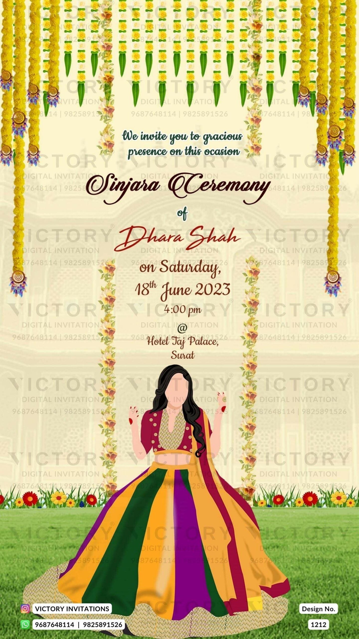 Sinjara ceremony invitation card in english language with garland, tra ...