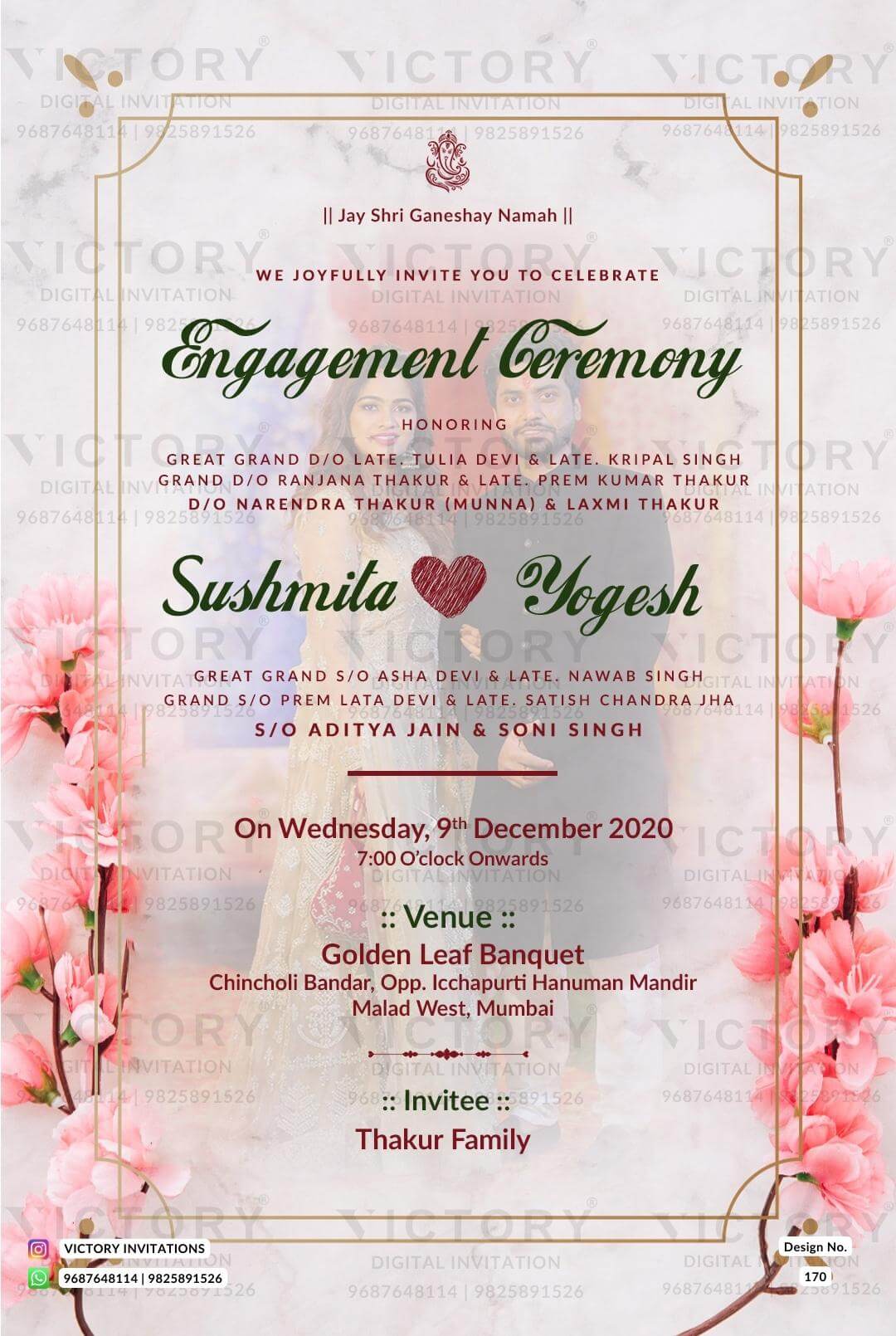 Engagement ceremony invitation card in english language with couple ph ...