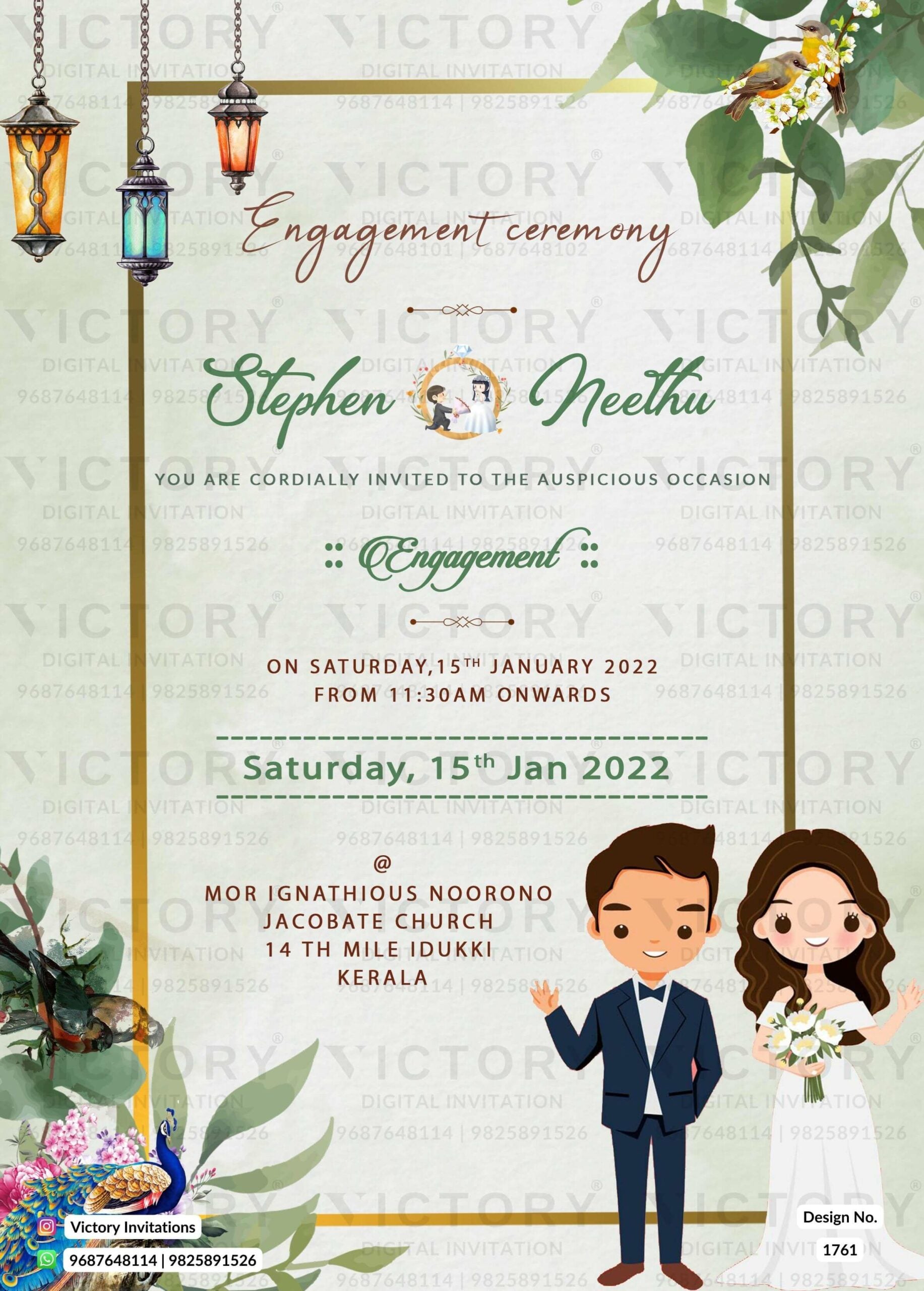 Engagement ceremony invitation card in english language with golden fr ...