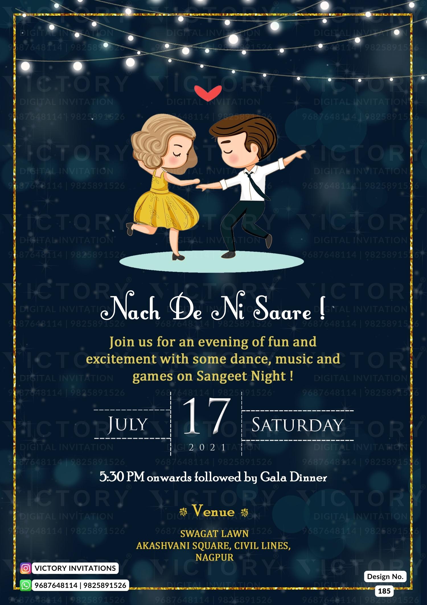 Sangeet Sandhya Ceremony invitation card in english language with stri ...