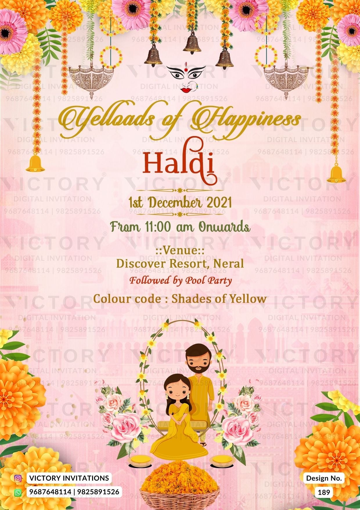 Haldi ceremony invitation card in english language with flowers, coupl ...