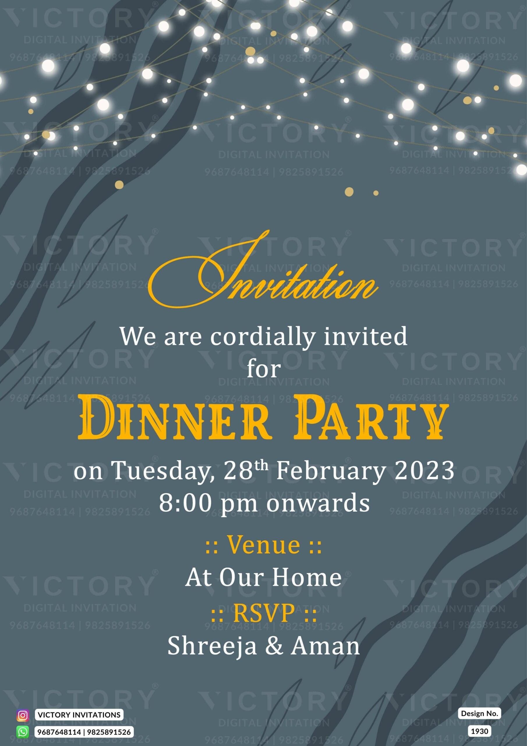 Dinner Party invitation card in english language with string lights as ...