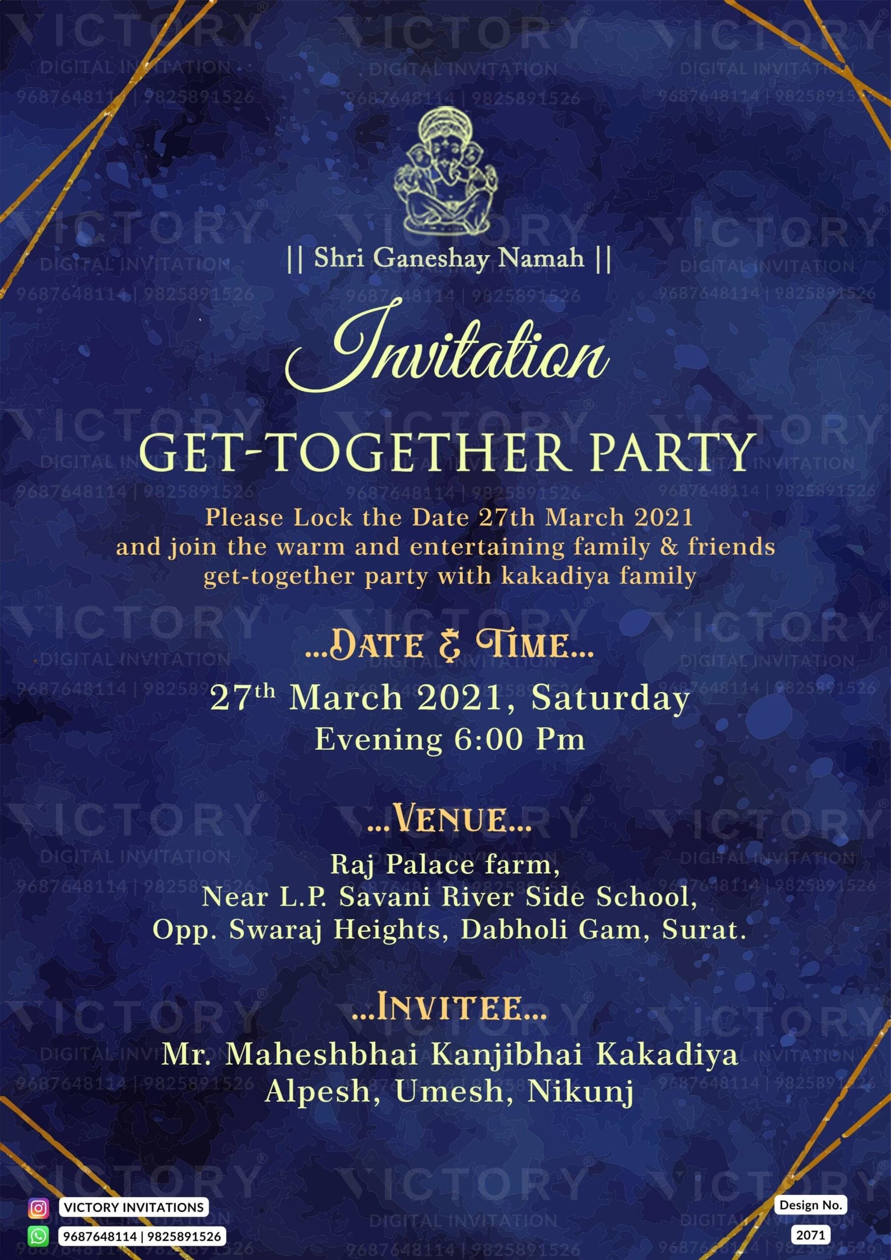 Get Together Party invitation card in english language with golden lin ...