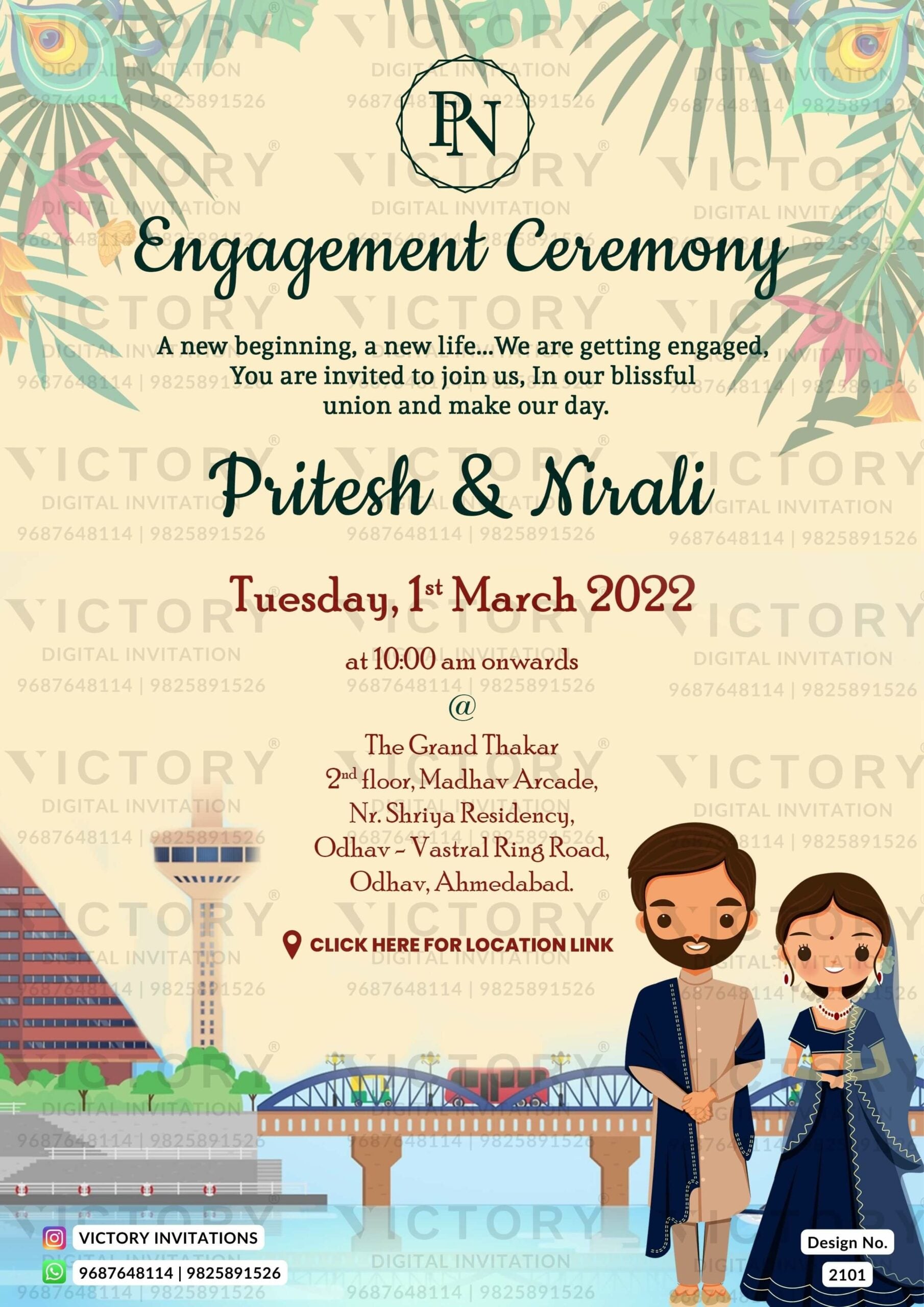 Engagement ceremony invitation card in english language with couple do ...