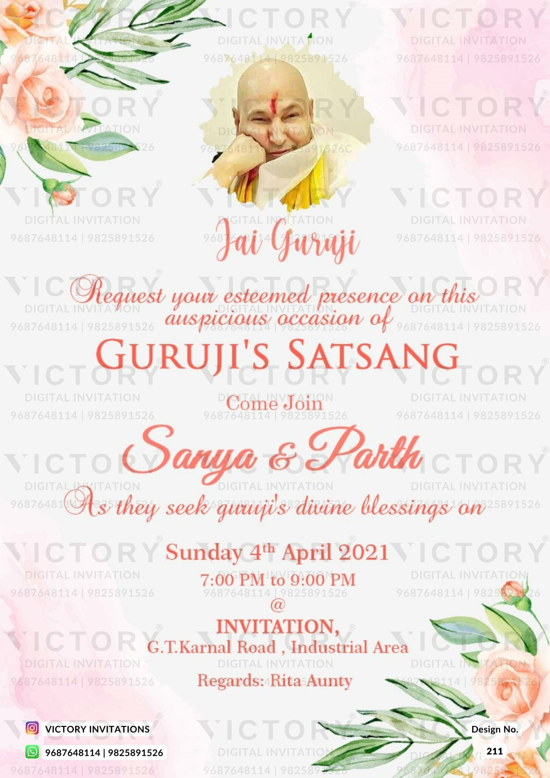 Guruji satsang invitation card in english language with flowers, leave ...