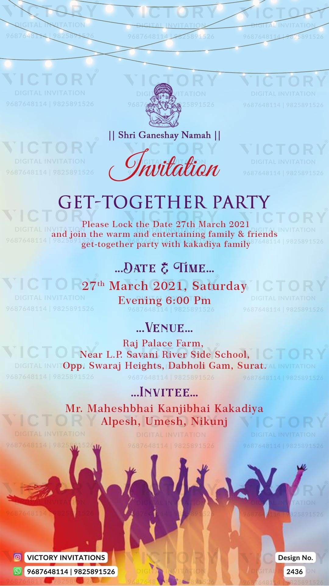 Get Together Party invitation card in english language with string lig ...