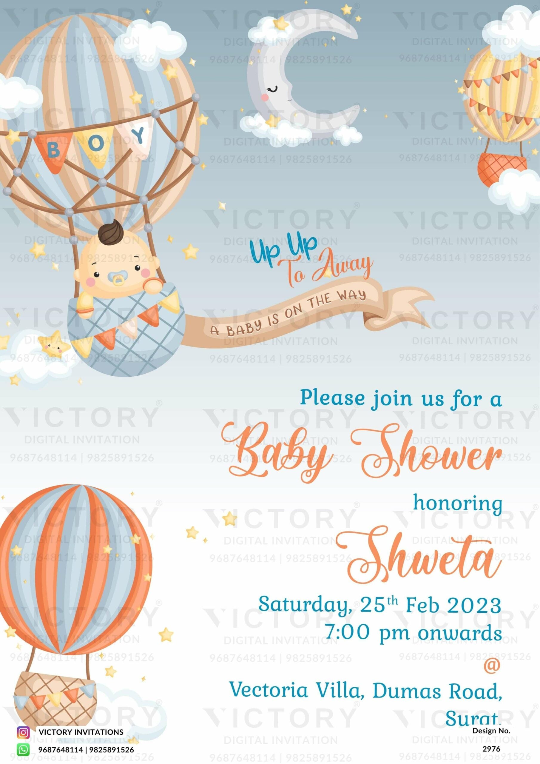 Baby Shower ceremony invitation card in english language with moon, cl ...