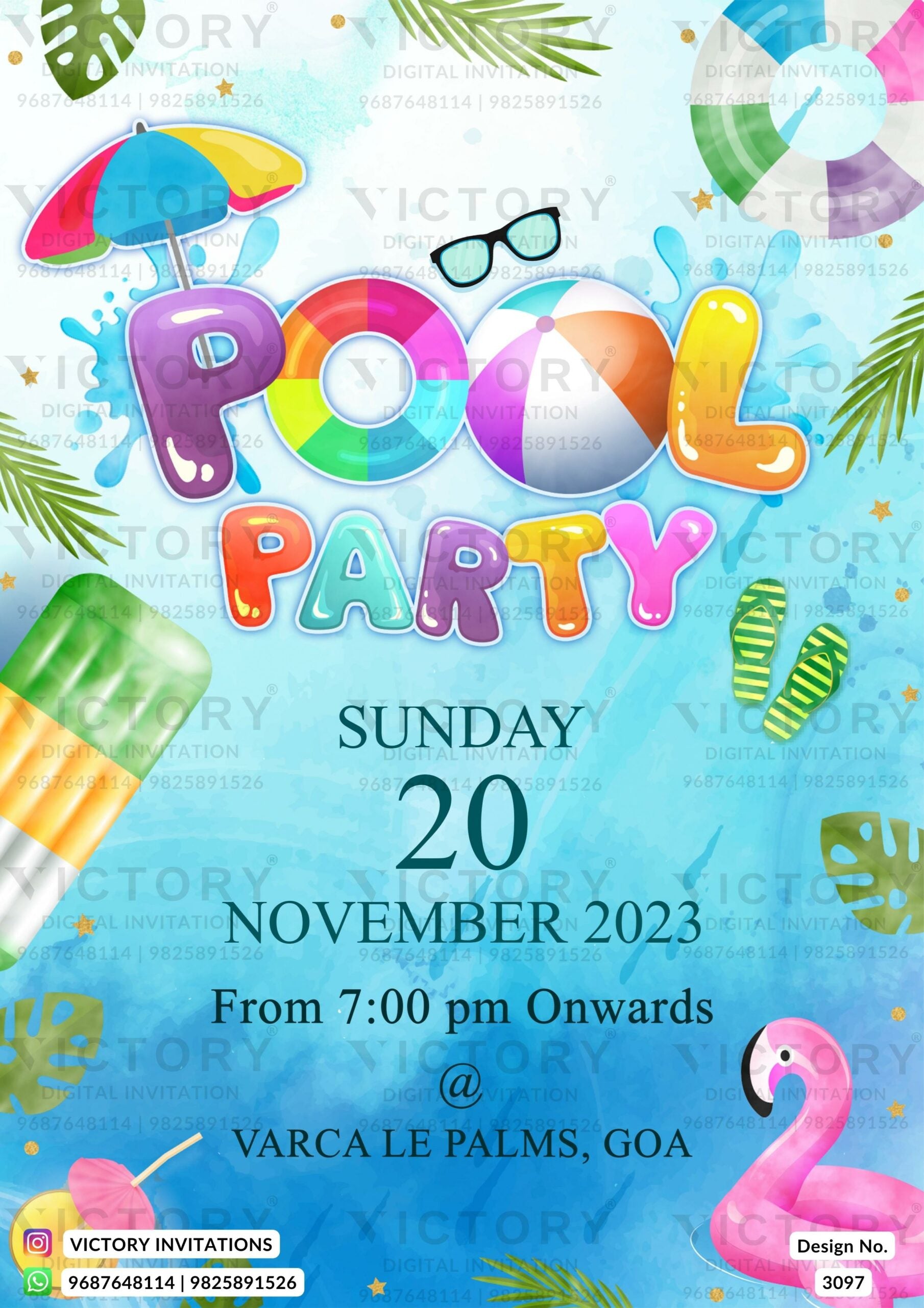 Pool Party invitation card in english language with flamingo, boho lea ...
