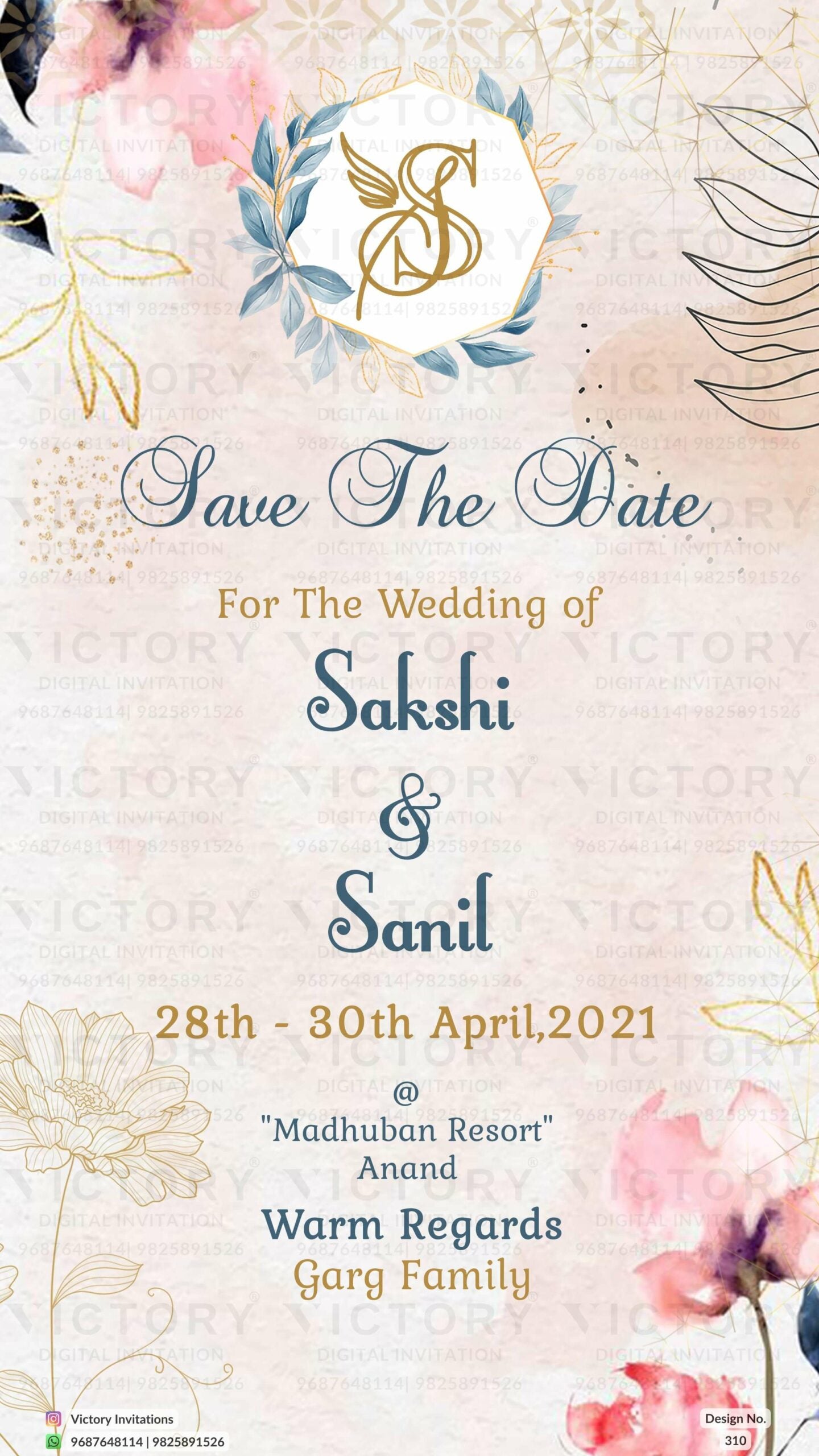 Save the Date card in english language with couple logo as floral them ...