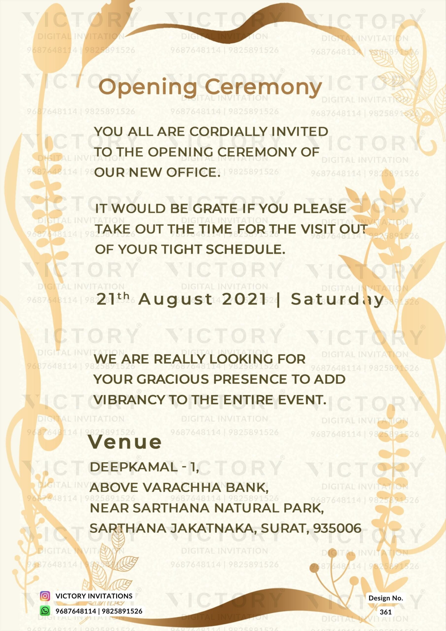 Opening invitation card in english language with leaves as golden leav ...