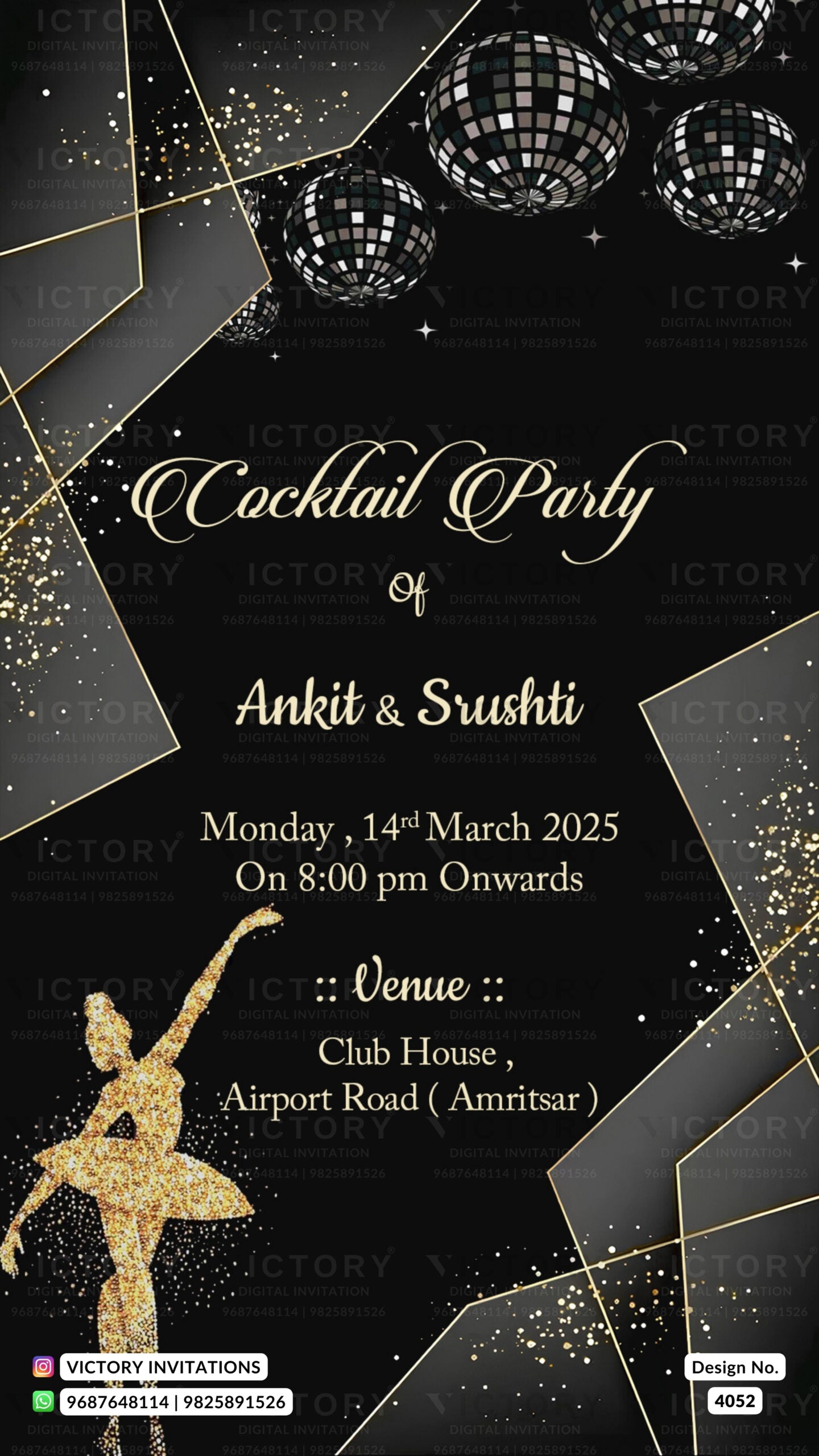 Cocktail Party invitation card in english language with glittery theme ...