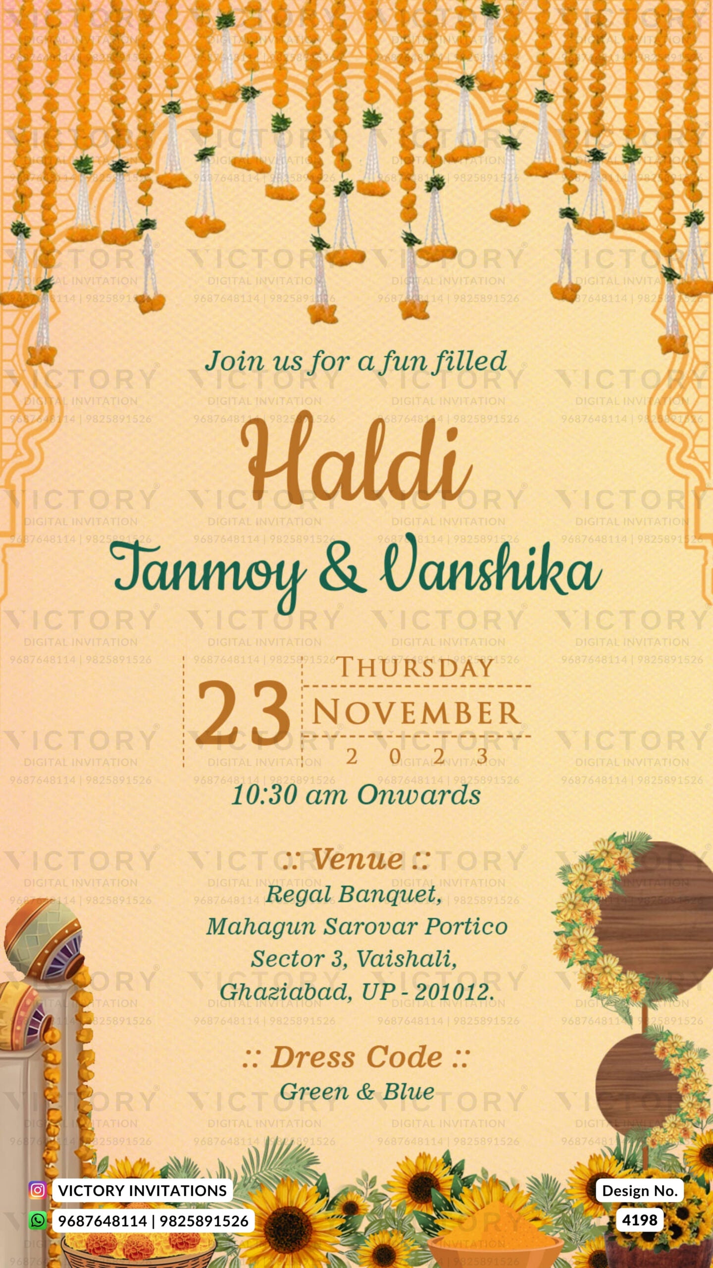 Haldi ceremony invitation card in english language with Marigold Garla ...