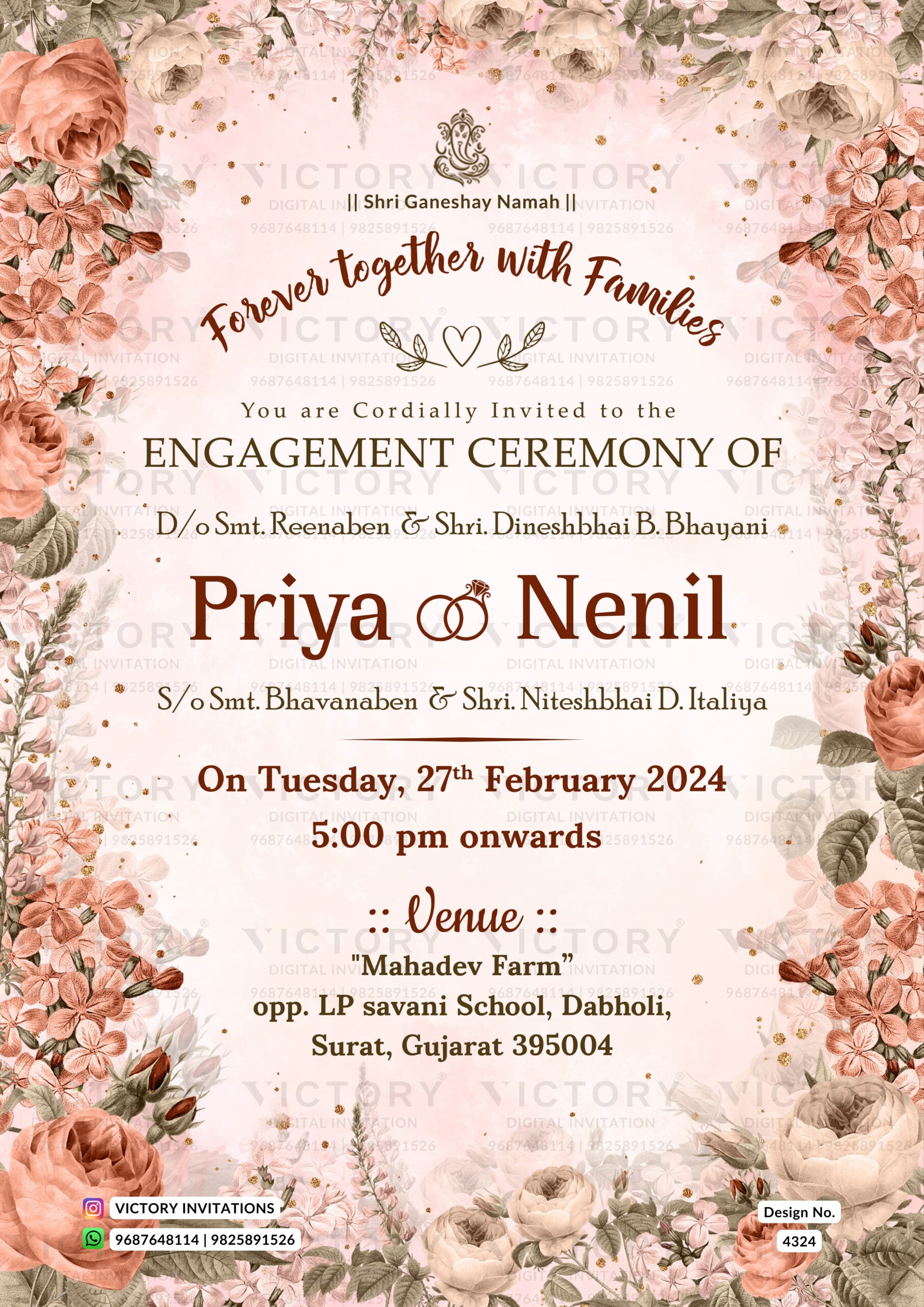 Engagement ceremony invitation card in english language with flowers ...