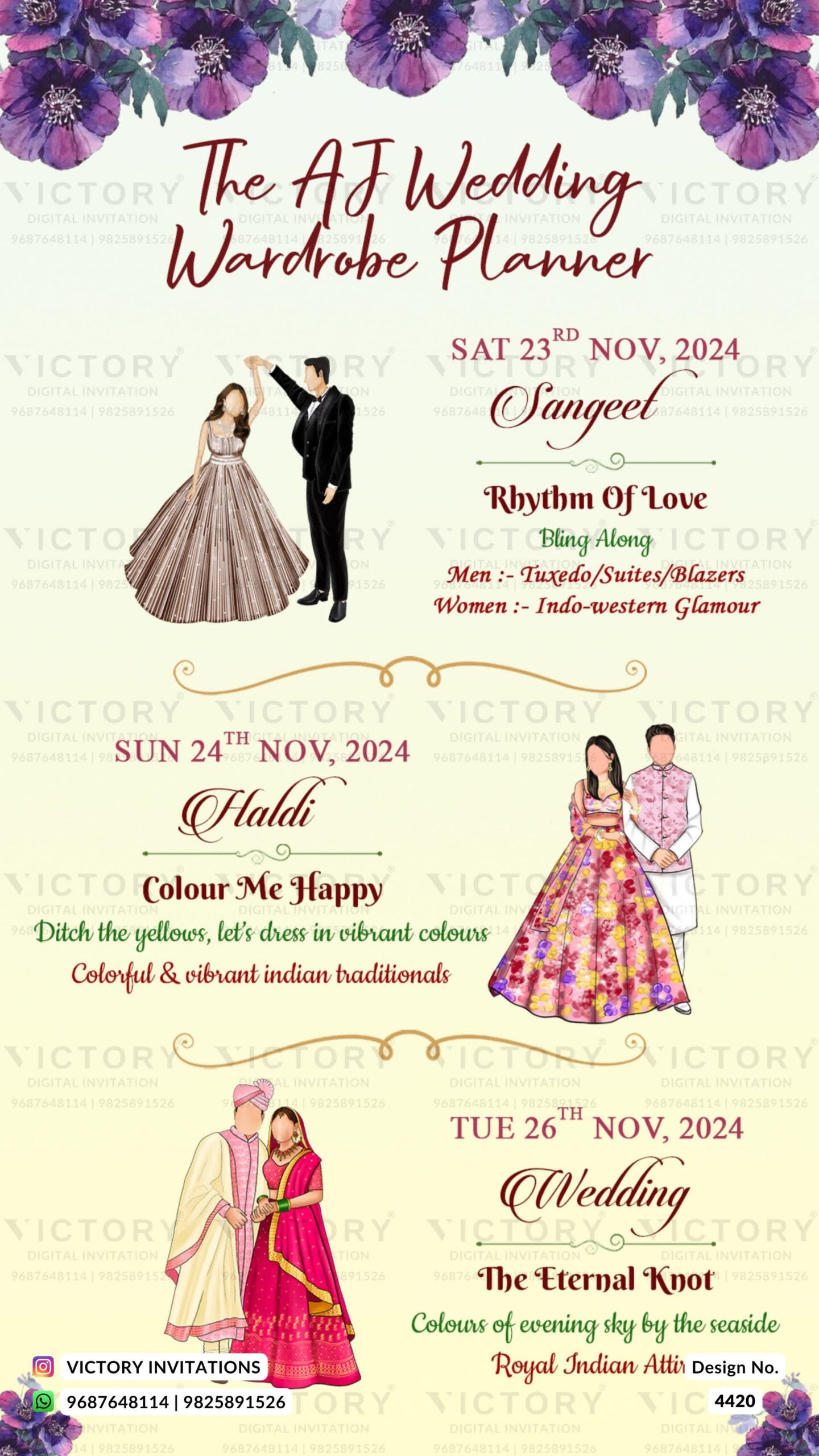 Wardrobe planner invitation card in english language with couple doodl ...