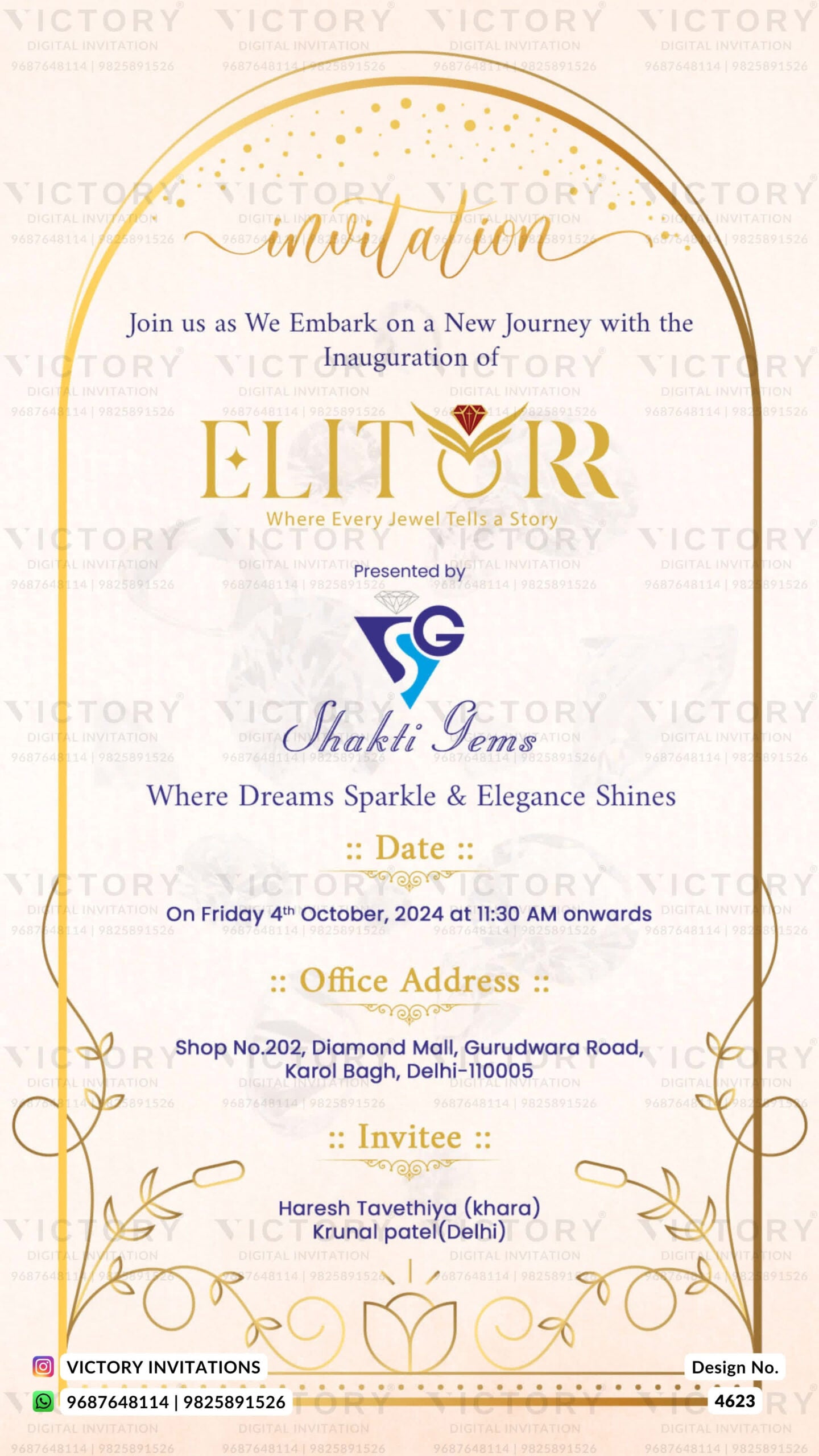 Opening invitation card in english language with golden frame as minim ...