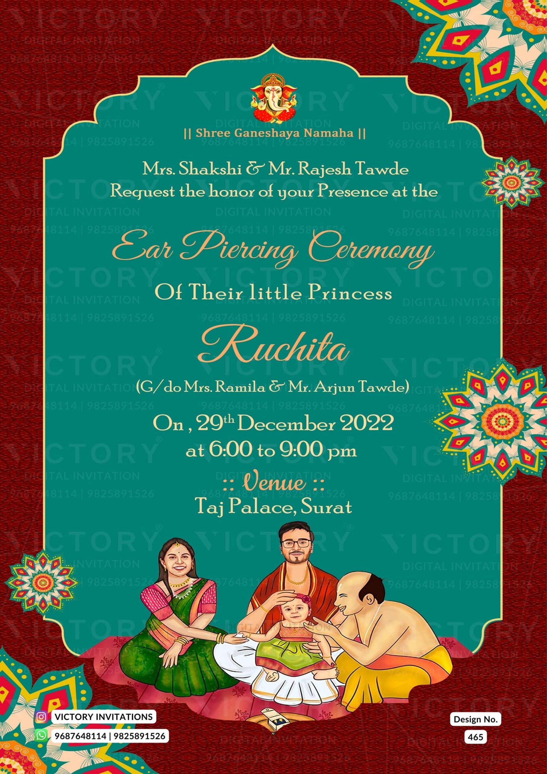 Ear Piercing ceremony invitation card in english language with mandala ...