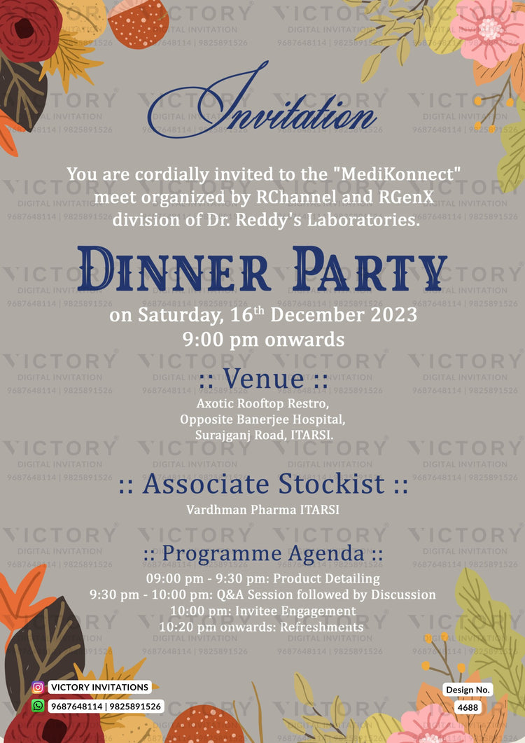 Dinner Party invitation card in english language with leaves as floral ...