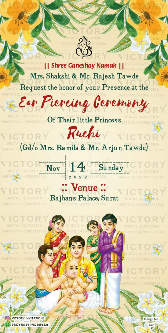 Ear Piercing ceremony invitation card in english language with flowers ...