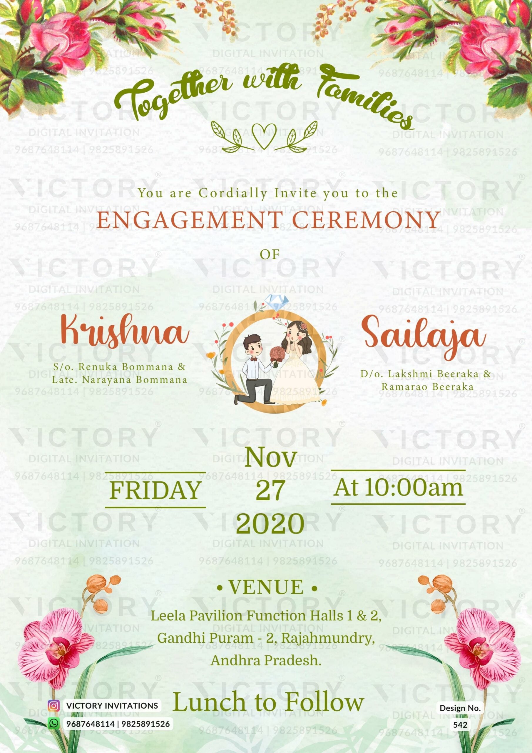 Engagement ceremony invitation card in english language with leaves, c ...