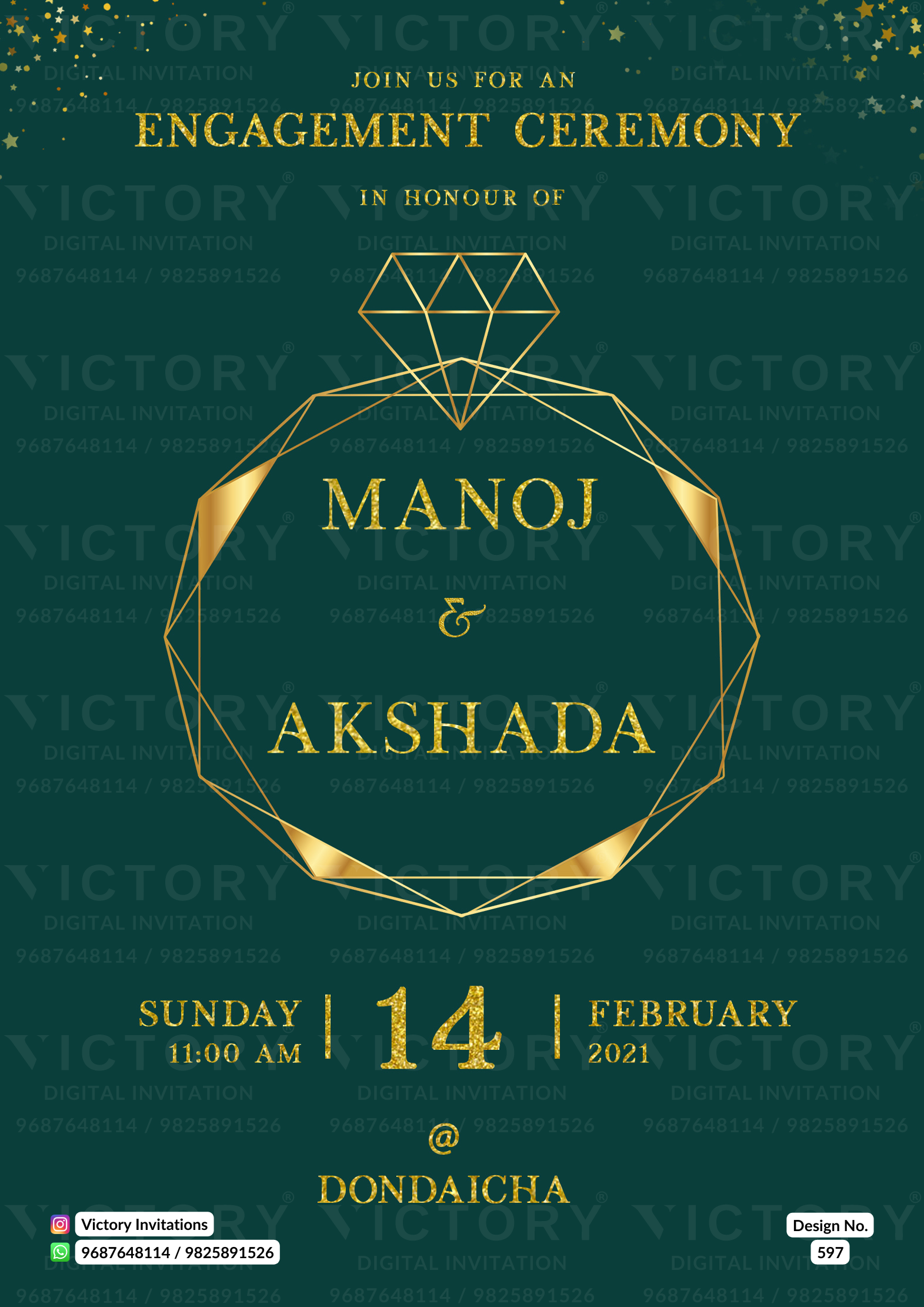 Engagement ceremony invitation card in english language with golden ri ...