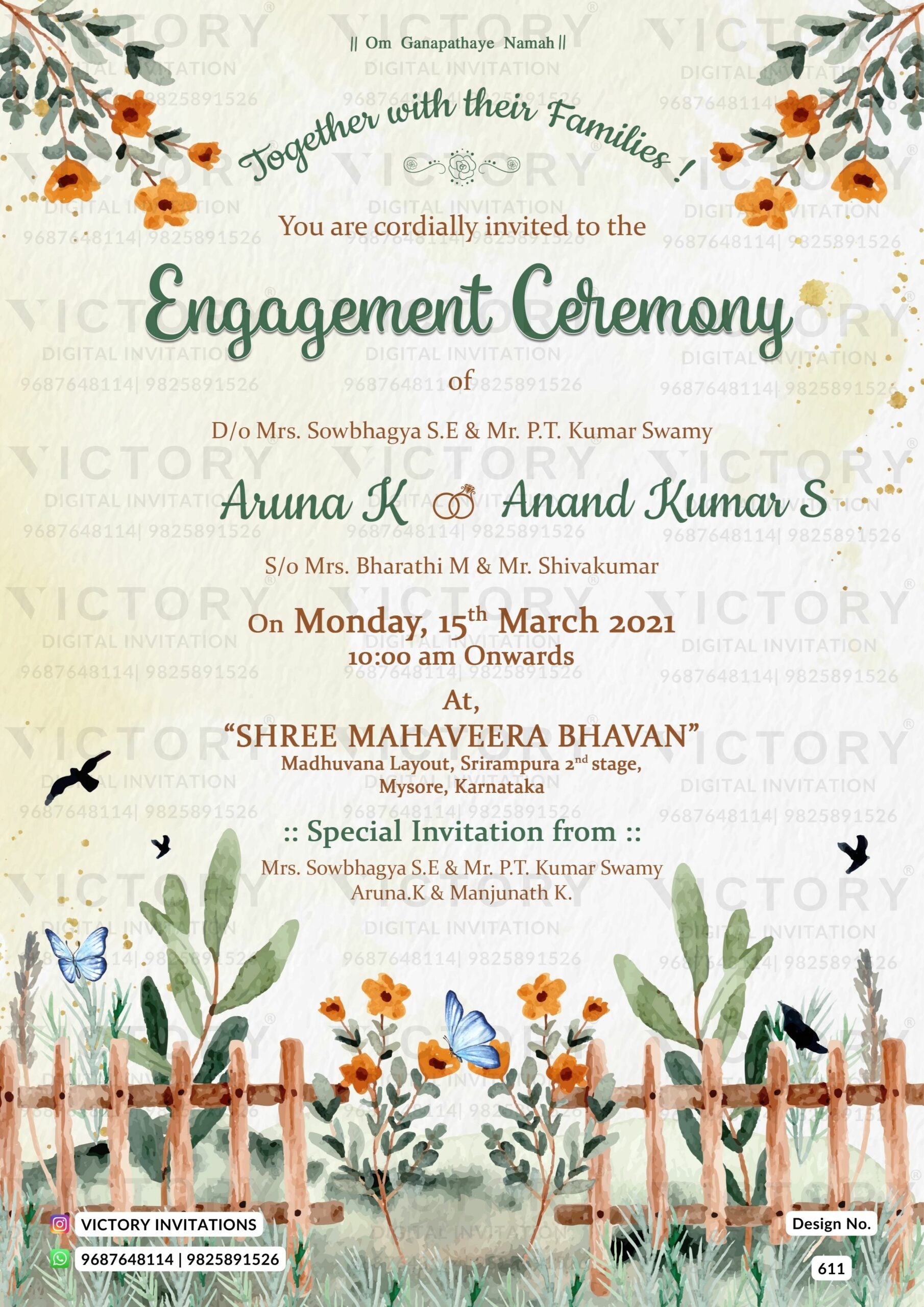 Engagement ceremony invitation card in english language with leaves, f ...