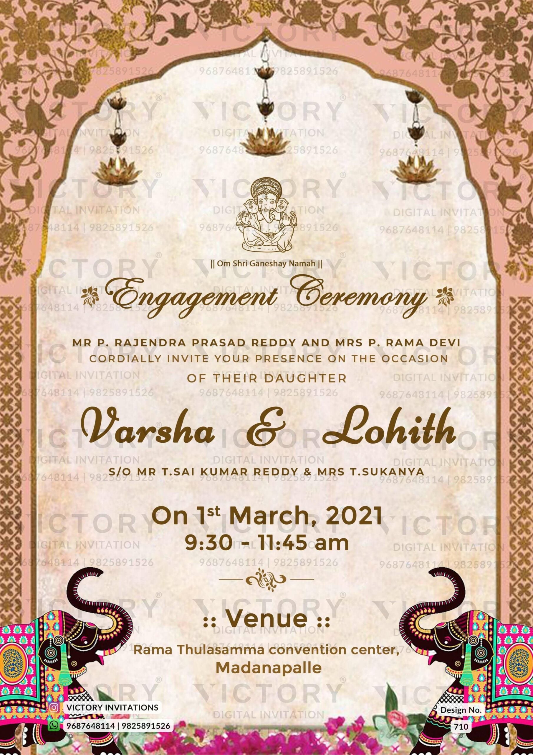 Engagement ceremony invitation card in english language with elephant ...