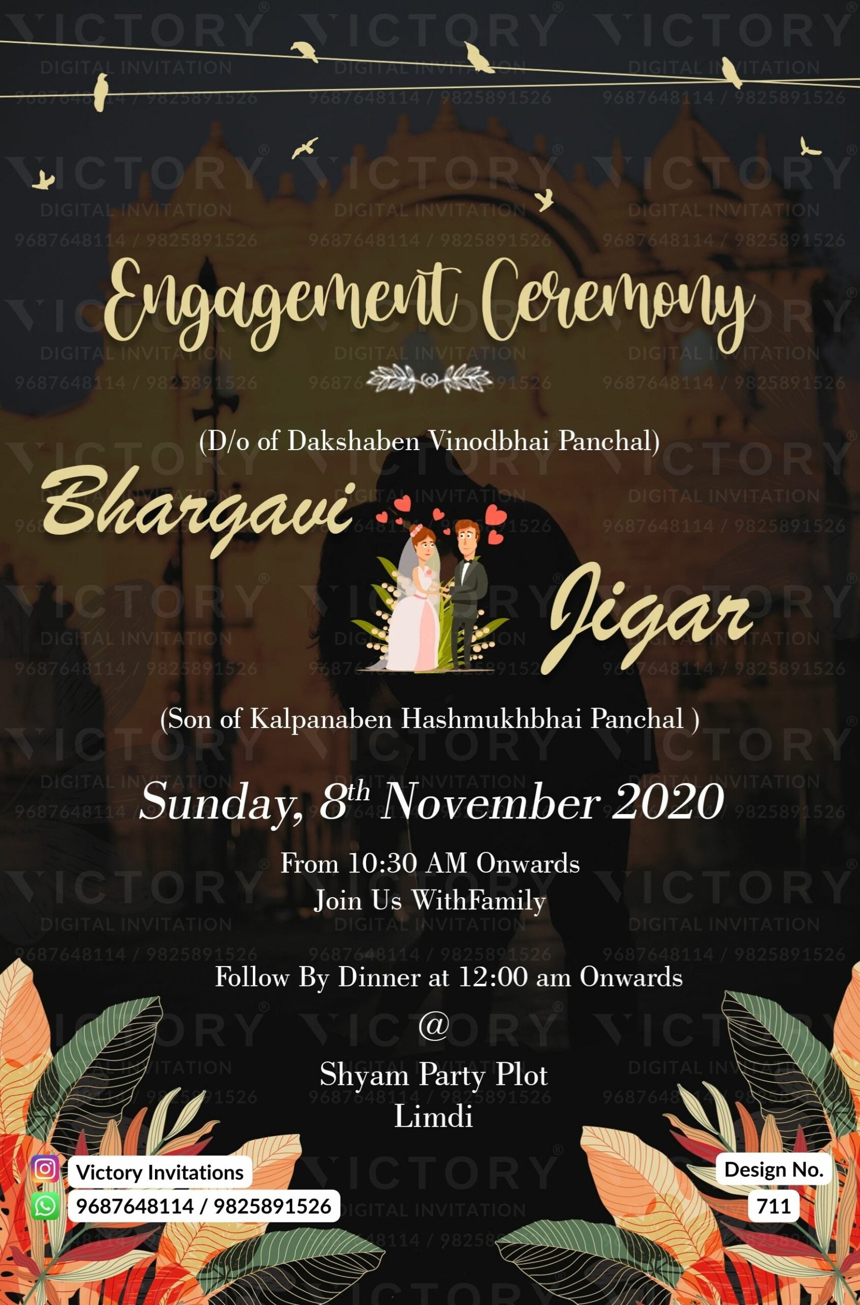 Engagement ceremony invitation card in english language with couple ph ...