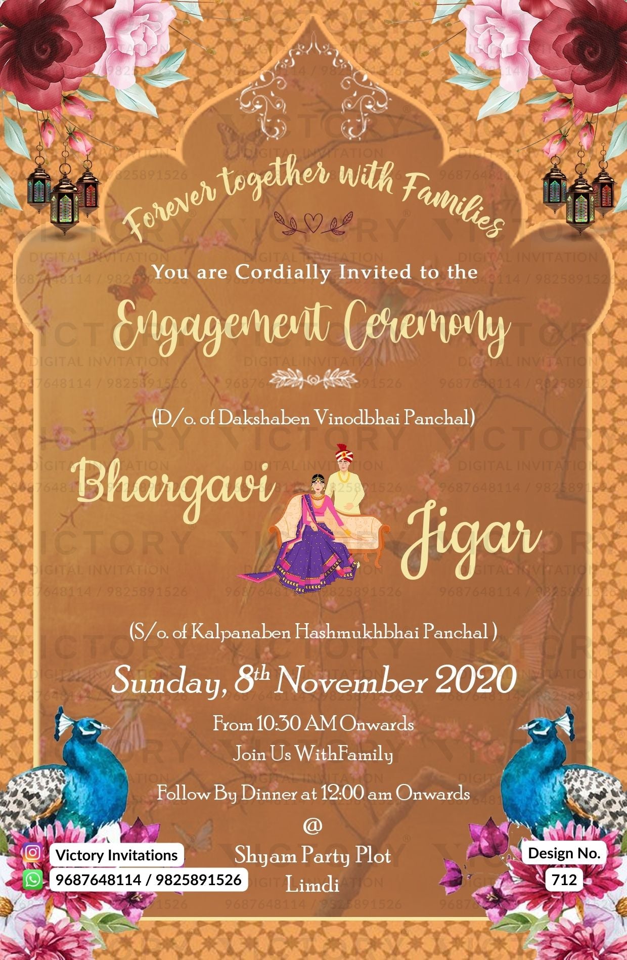 Engagement ceremony invitation card in english language with flowers ...