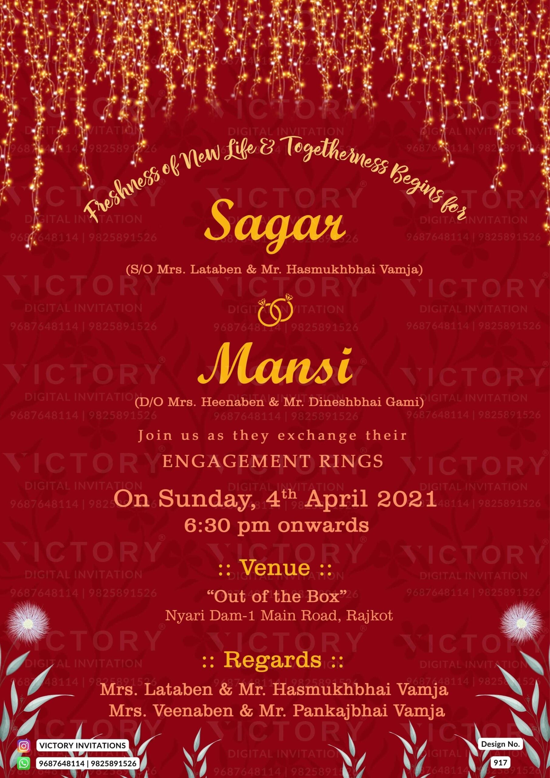 Engagement ceremony invitation card in english language with string li ...