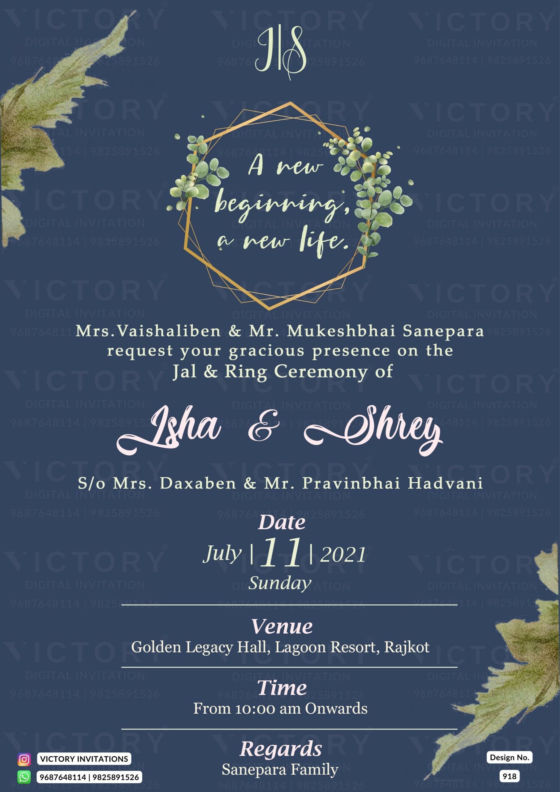Engagement ceremony invitation card in english language with golden fr ...