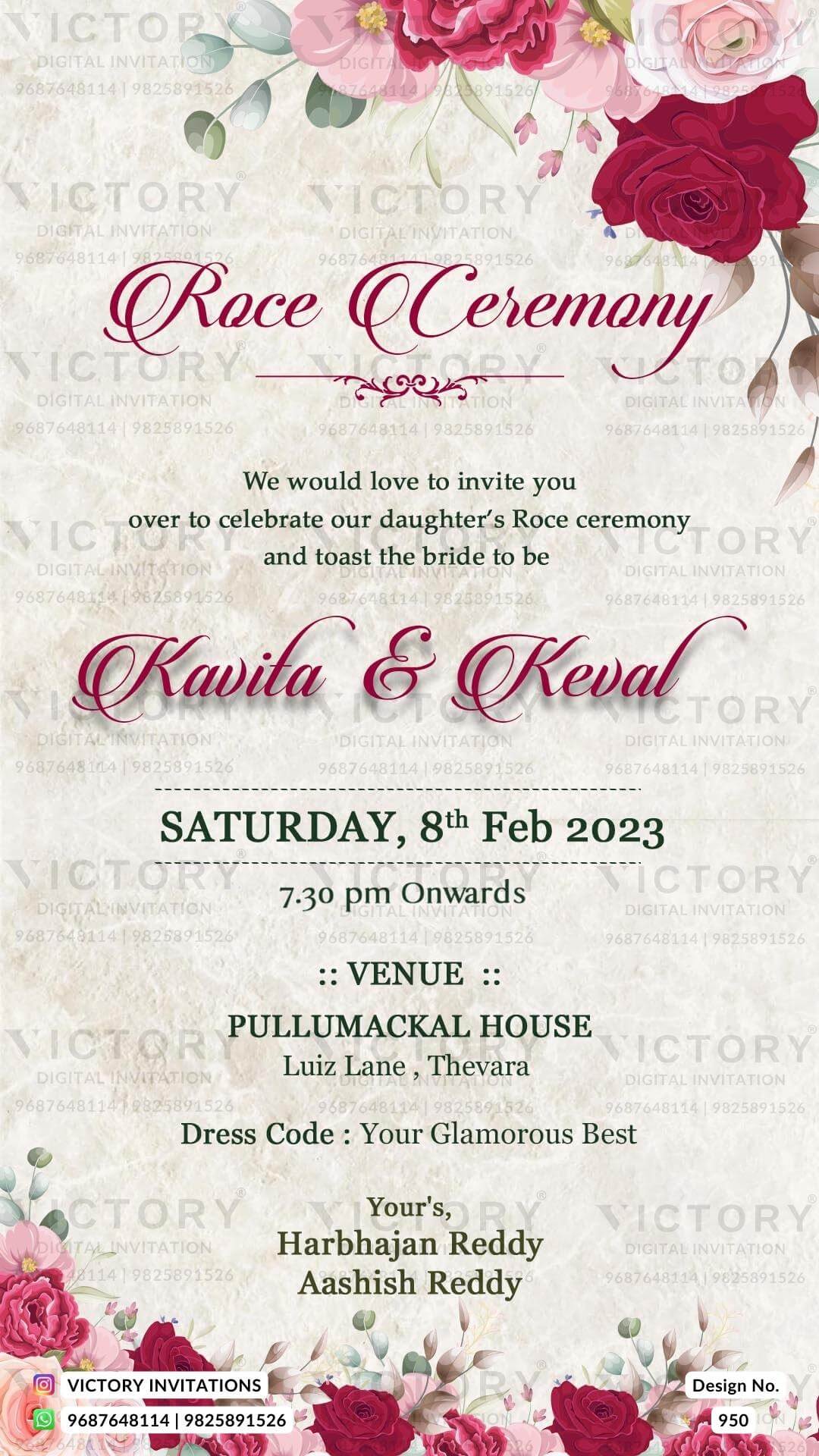 Roce ceremony invitation card in english language with flowers, leaves ...