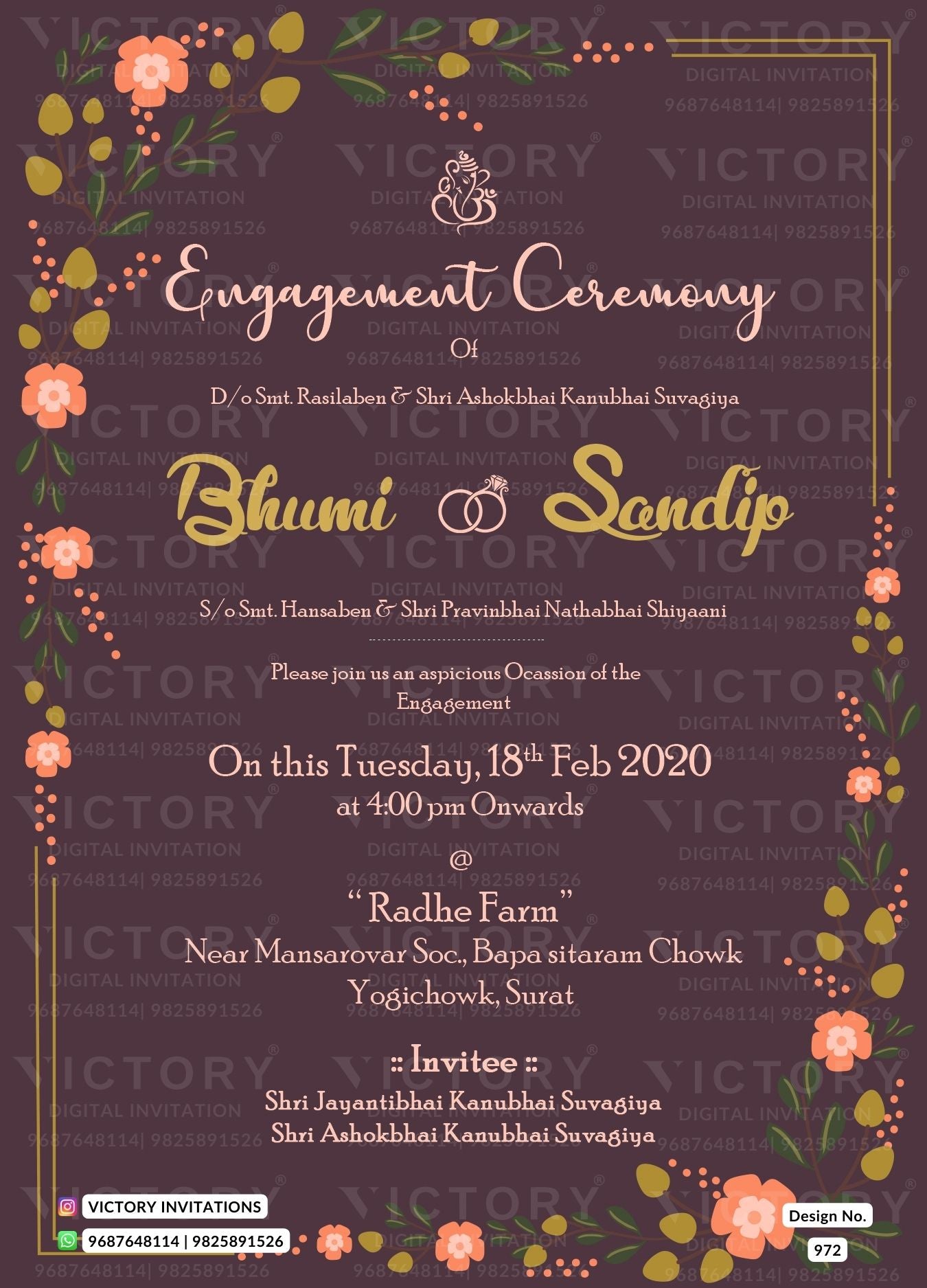Engagement ceremony invitation card in english language with flowers ...