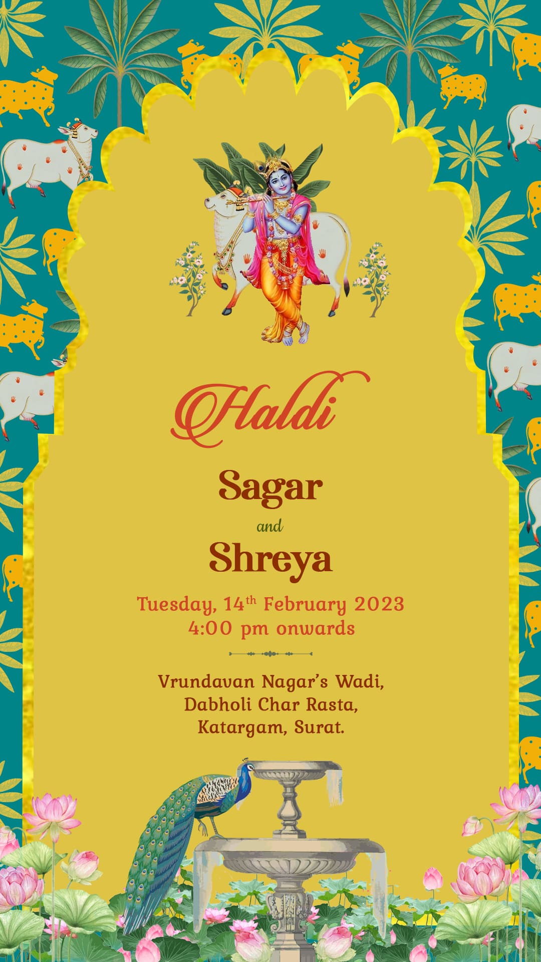 Haldi ceremony invitation card in english language with peacock, cow a ...